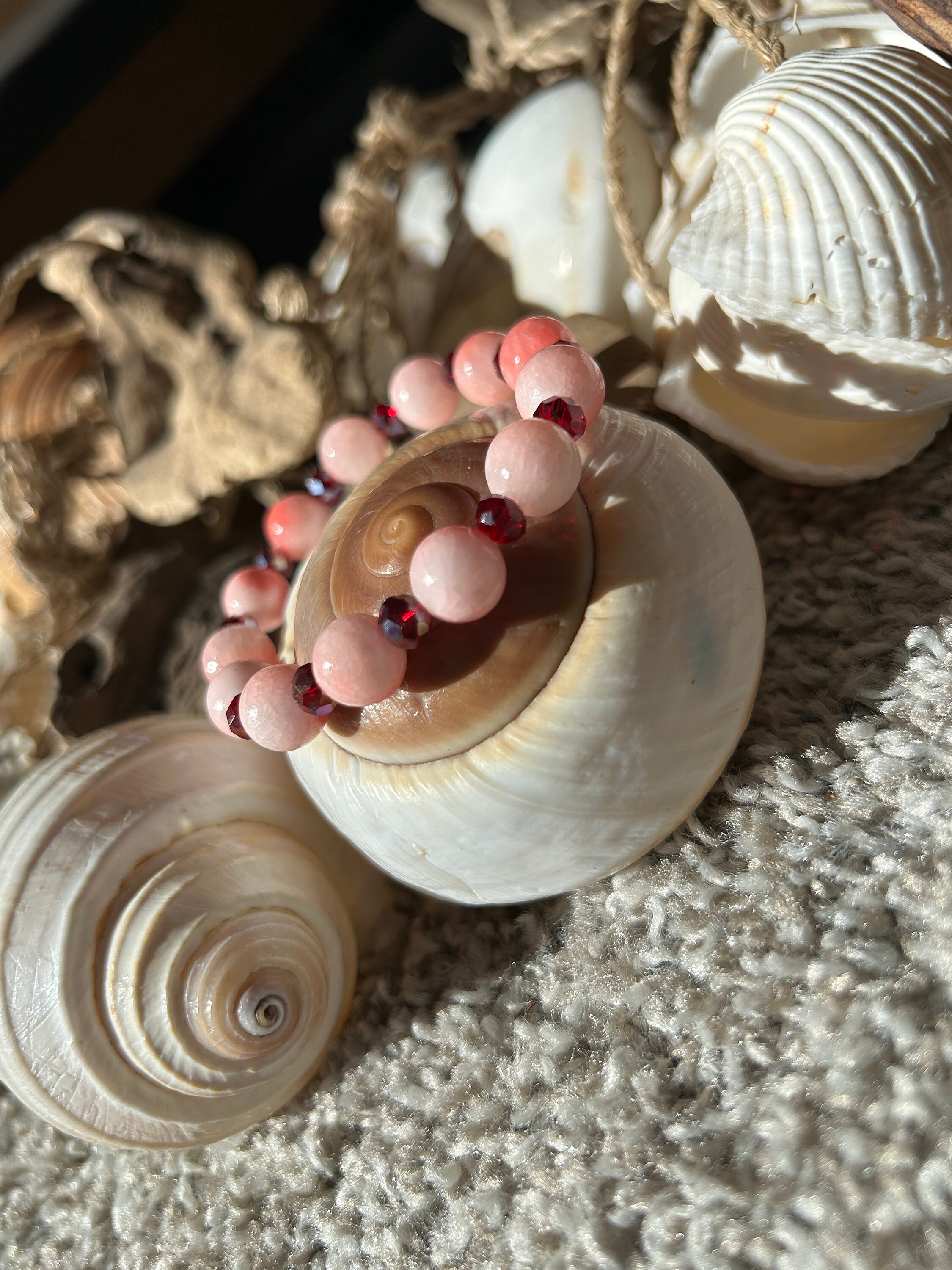 Pierre Rose Clair Stone and Red Crystals Handmade Bracelet, 10mm Pink ...
