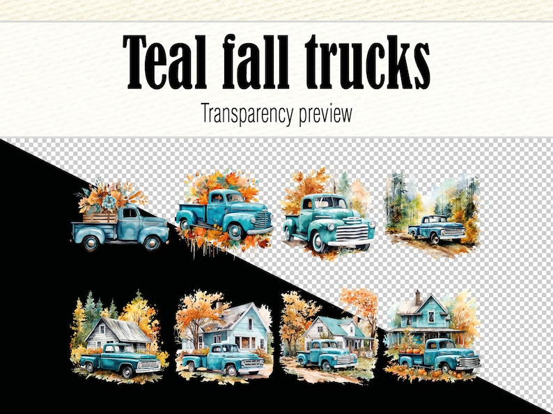 Fall Truck Clipart, Teal Fall Clipart, Retro Truck Clipart, Watercolor ...