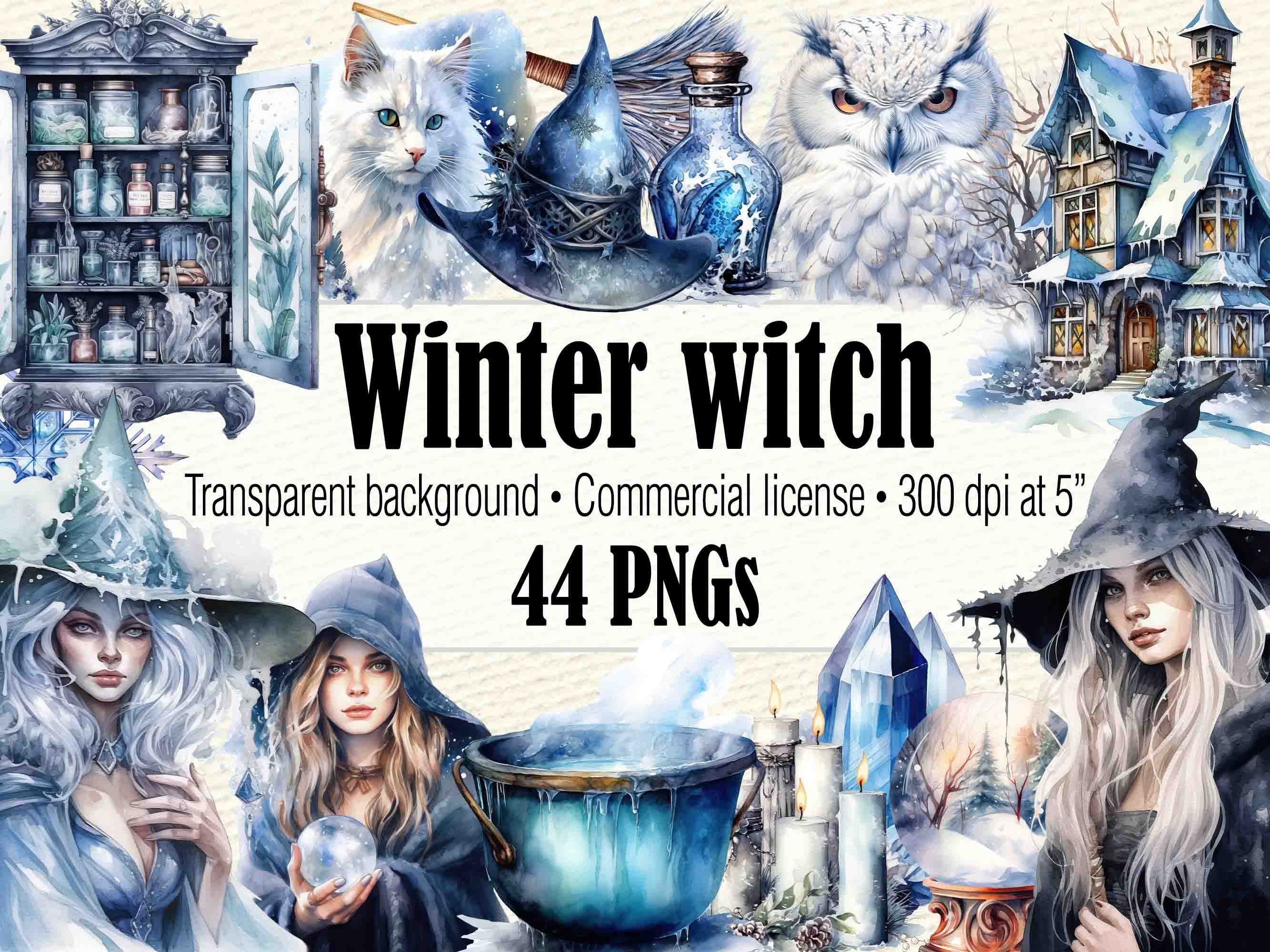 Winter Witch Clipart, Witch Junk Journal Ephemera, Watercolor Witchy ...