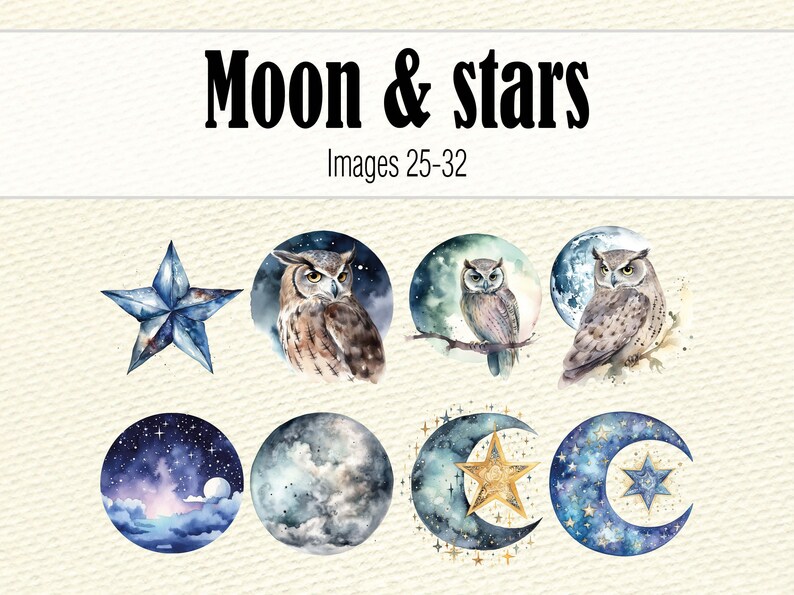 Watercolor Moon Star Clipart Floral Moon PNG Stars PNG Moon - Etsy