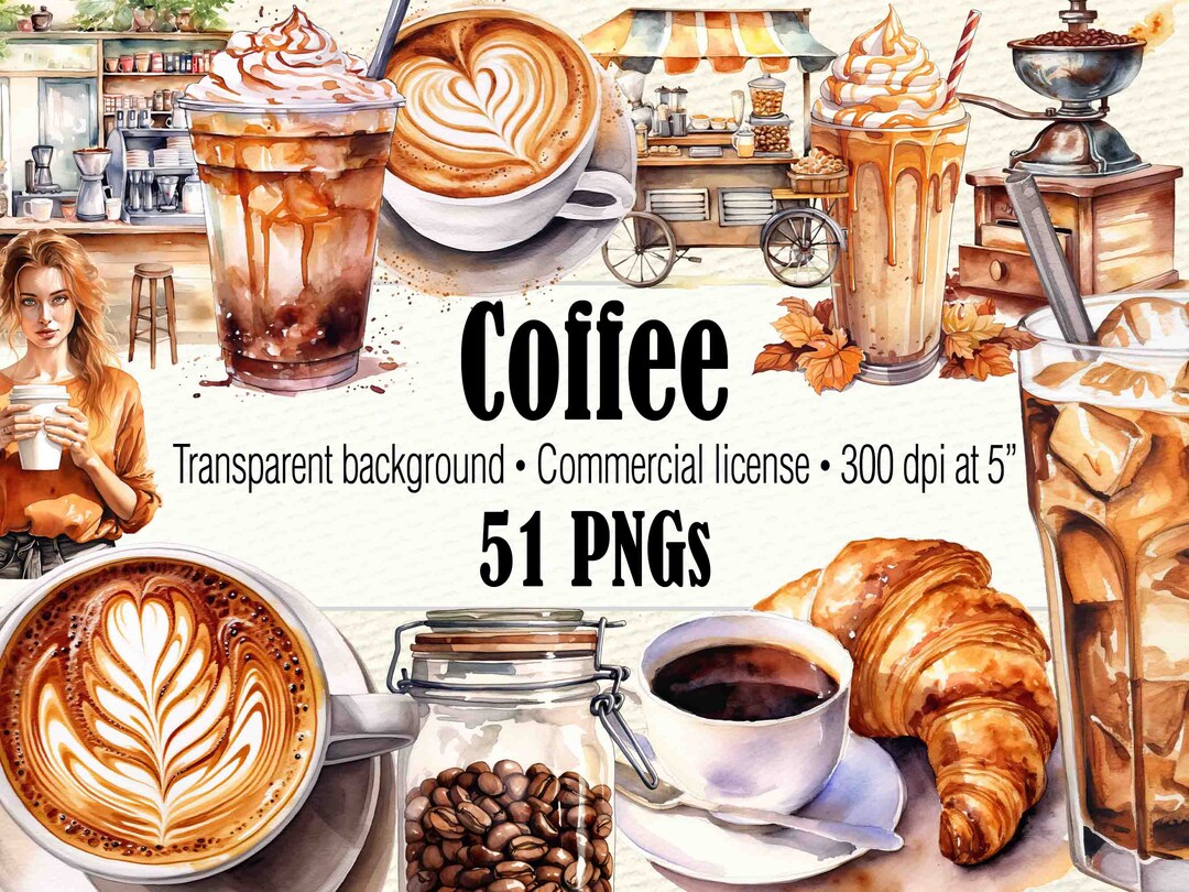 Watercolor Coffee Clipart, Iced Coffee PNG, Coffee Cup Clipart, Fall ...