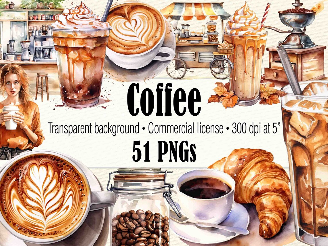 Watercolor Coffee Clipart Iced Coffee PNG Coffee Cup - Etsy