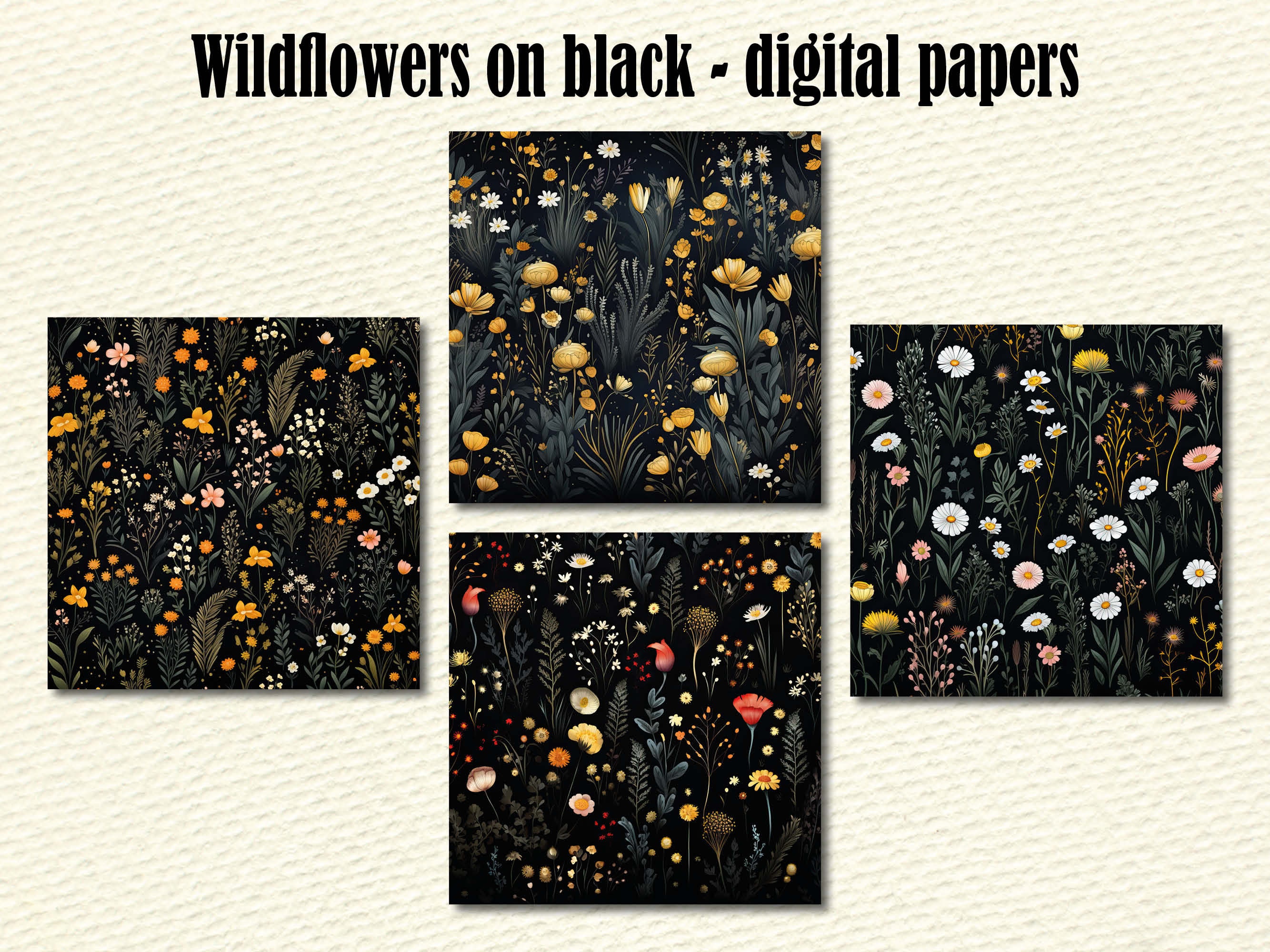 Wildflower Pattern Black Dark Floral Digital Paper, Vintage Flowers ...
