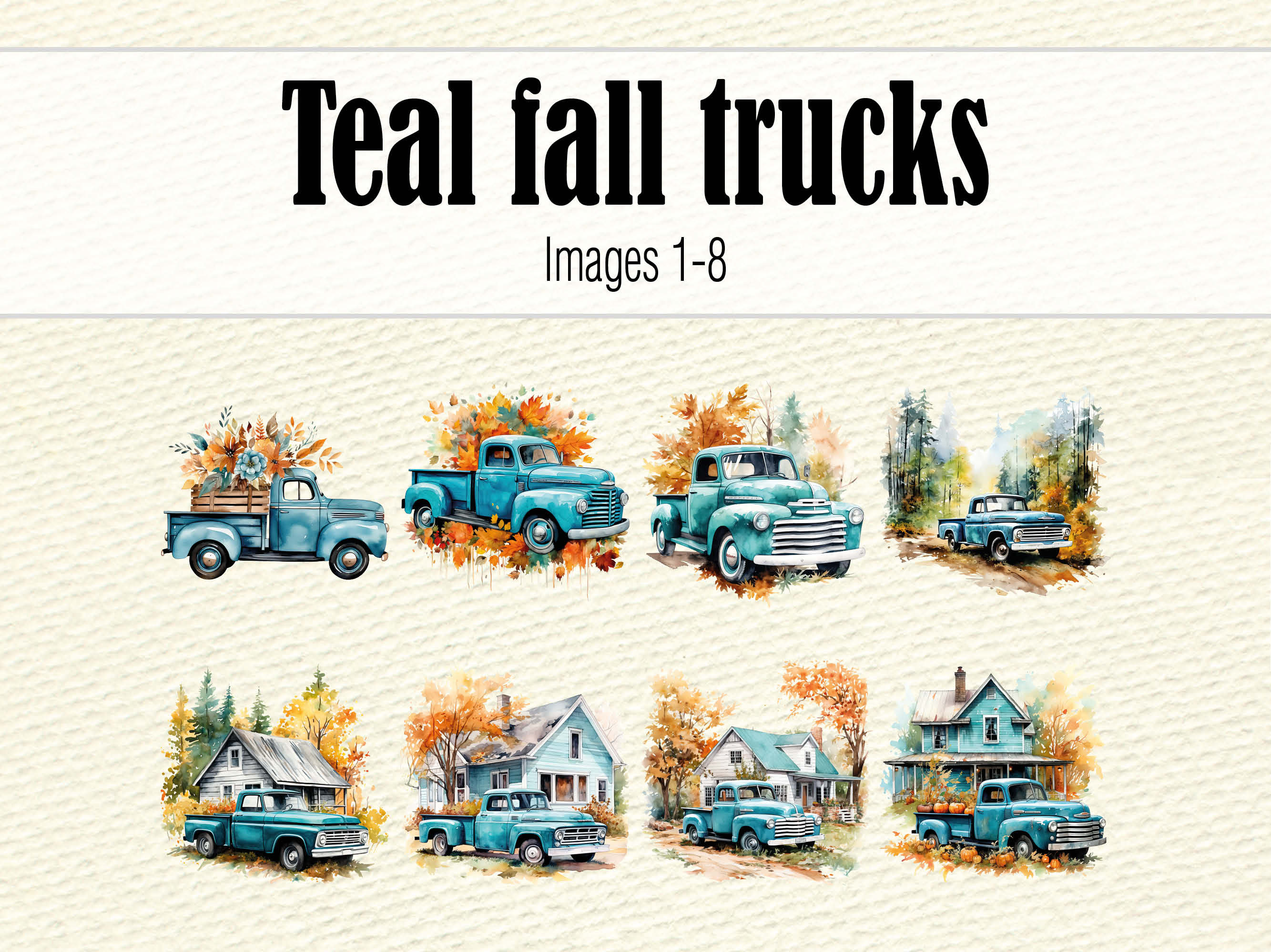 Fall Truck Clipart, Teal Fall Clipart, Retro Truck Clipart, Watercolor ...