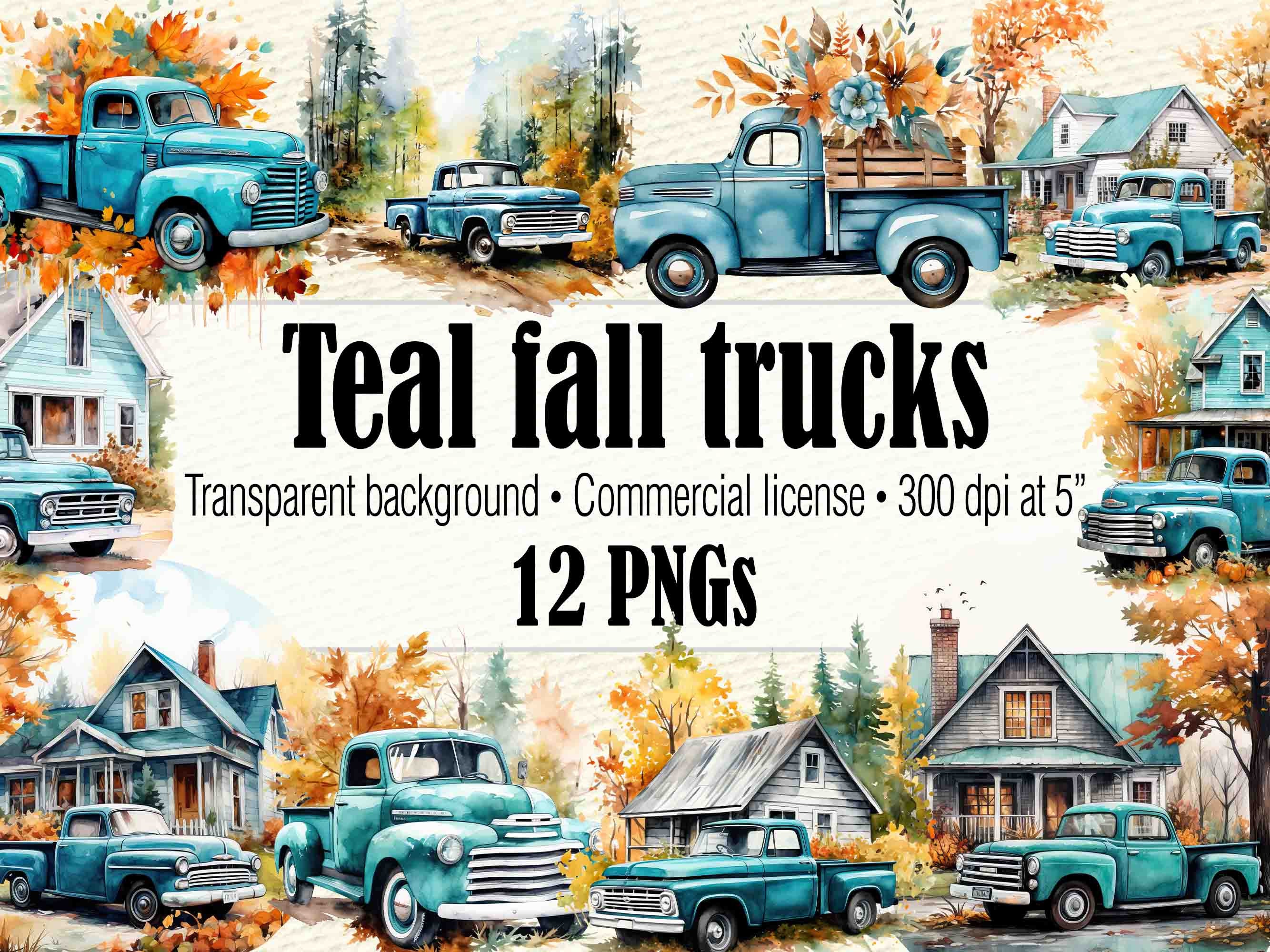 Fall Truck Clipart, Teal Fall Clipart, Retro Truck Clipart, Watercolor ...