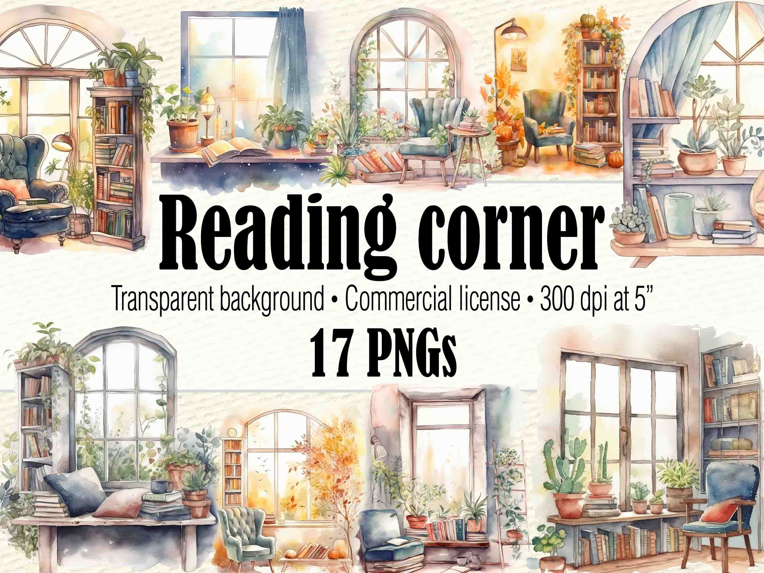 Reading Nook Books Clipart, Book Nook Library Clipart, Cozy Reading ...