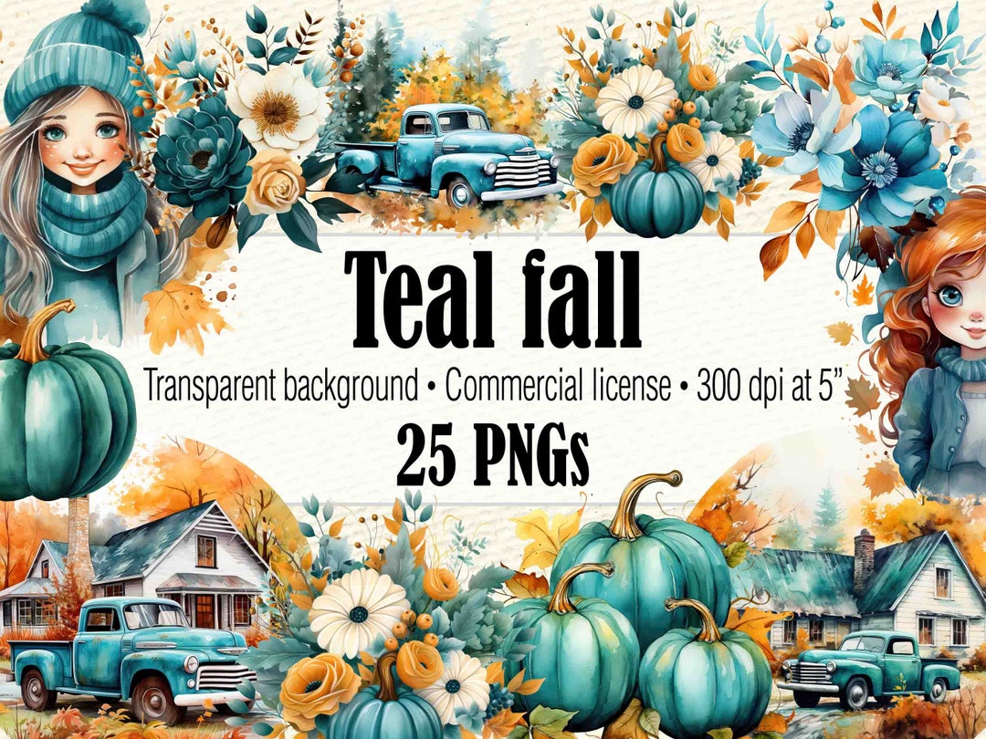 Teal Fall Clipart, Teal Pumpkin Clipart, Fall Girl Clipart, Fall Flower ...