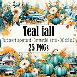 Teal Fall Clipart, Teal Pumpkin Clipart, Fall Girl Clipart, Fall Flower ...