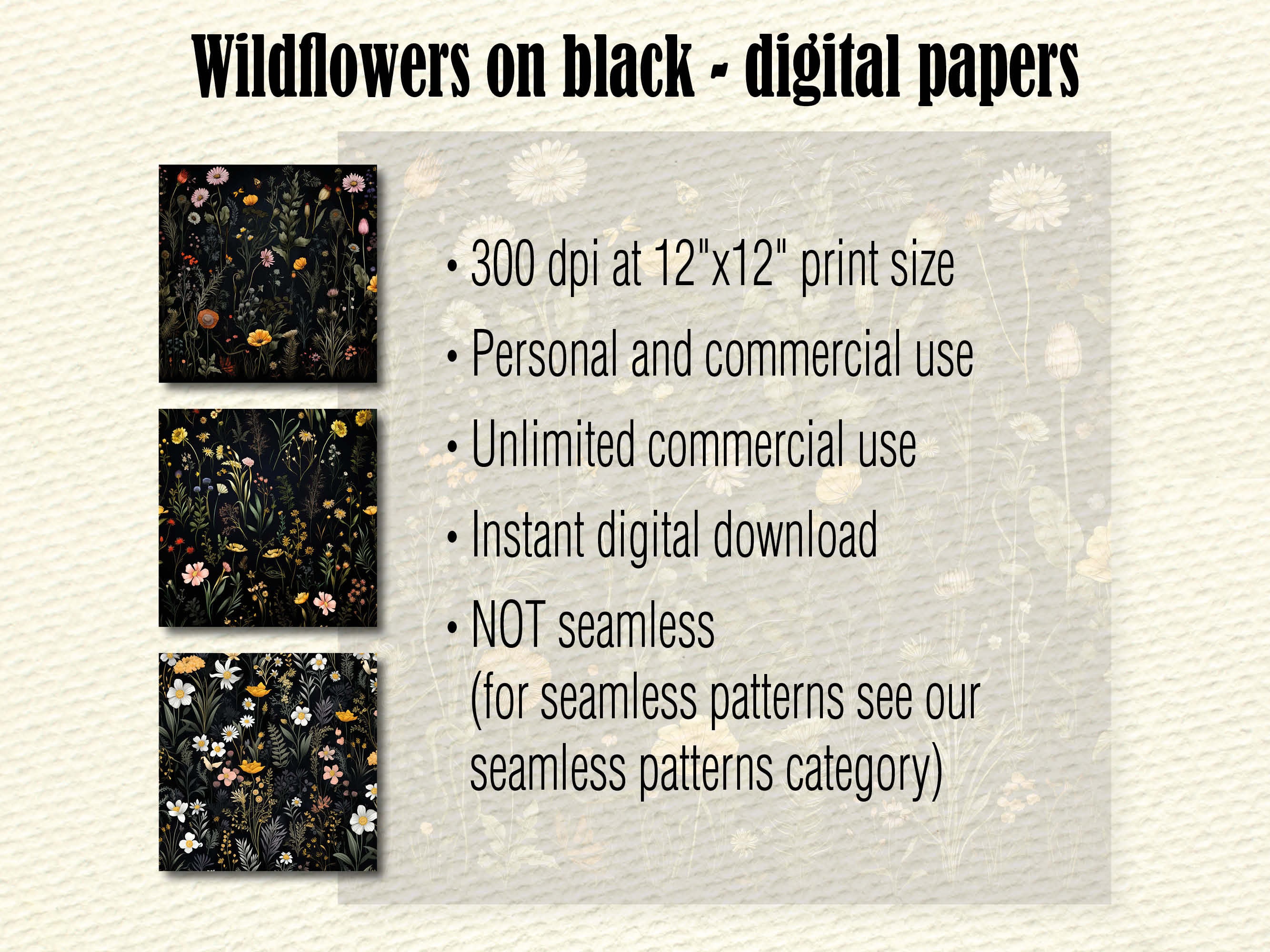 Wildflower Pattern Black Dark Floral Digital Paper, Vintage Flowers ...