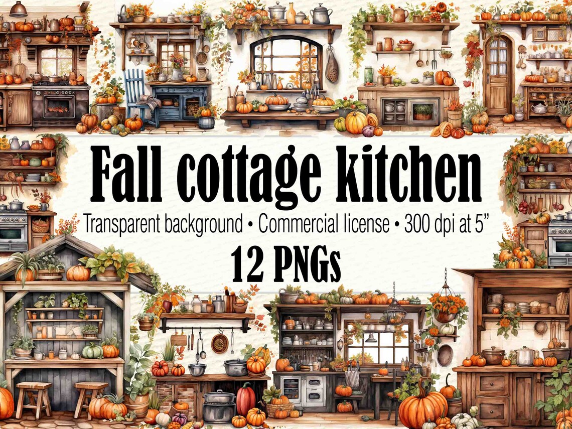 Fall Cottage Kitchen Clipart, Farmhouse Vintage Kitchen PNG ...