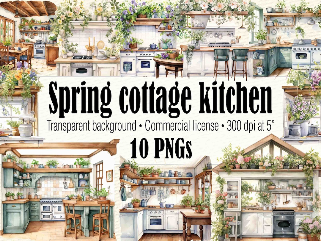 Spring Cottage Kitchen Clipart, Floral Farmhouse Vintage Kitchen PNG ...