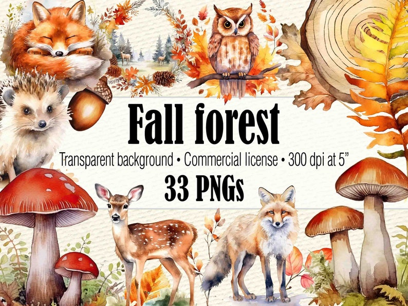 Watercolor Autumn Clipart Woodland Animals Fall Leaves - Etsy