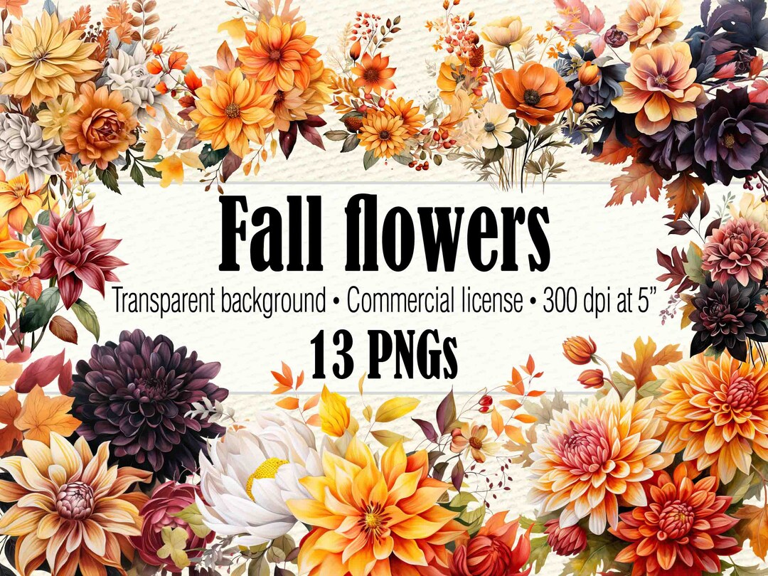 Fall Flower Clipart, Boho Floral Clipart, Watercolor Flowers PNG ...