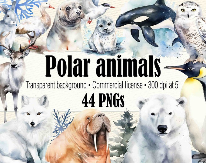 Watercolor Arctic Animal Clip Art, Polar Animals, Reindeer, Bear, Fox ...