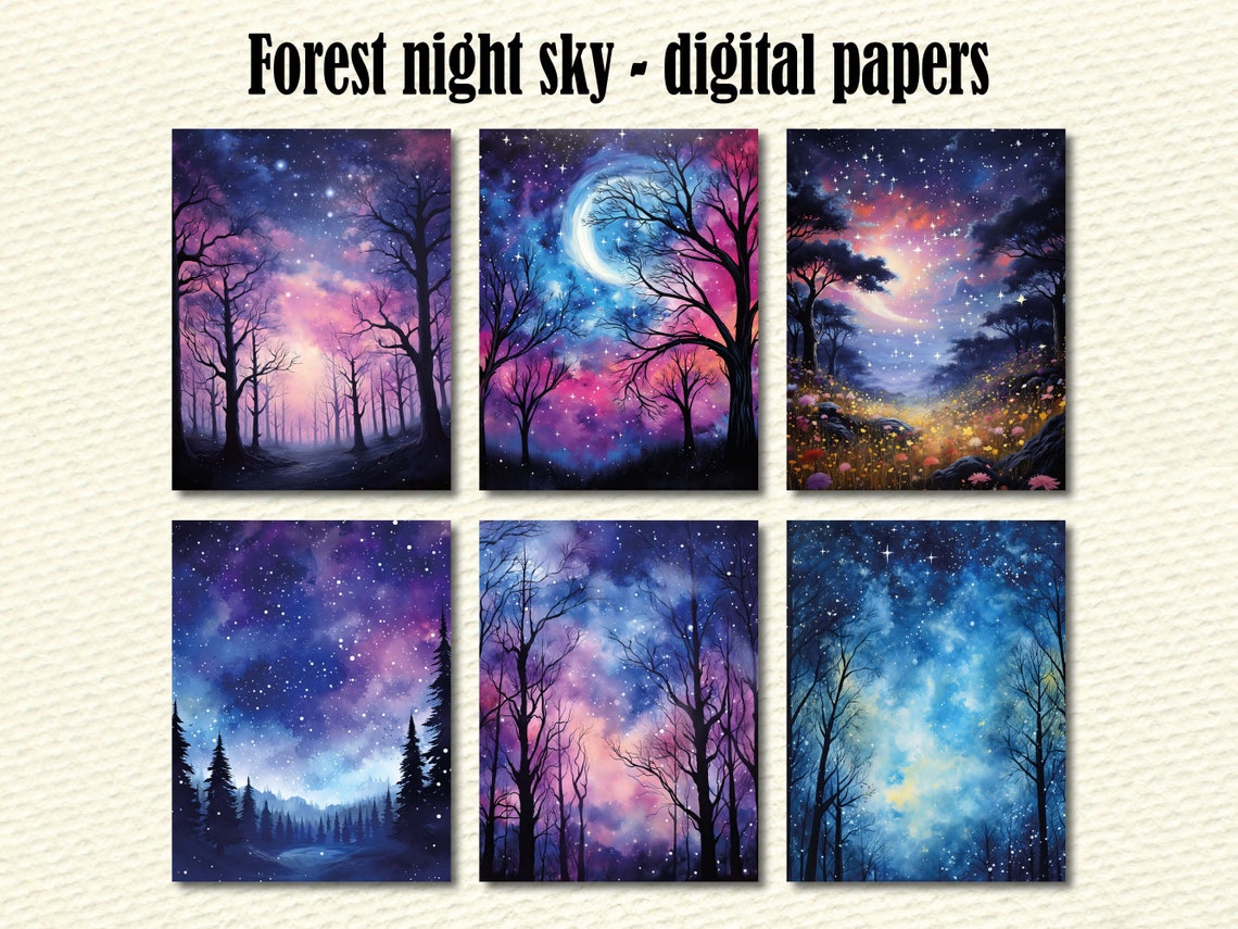 Magical Forest Starry Night Sky Paper, Under the Stars Papers Galaxy ...