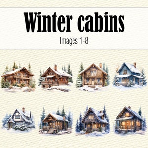 Winter Cabin Clipart, Snow Scene Clipart, Watercolor Winter Village ...