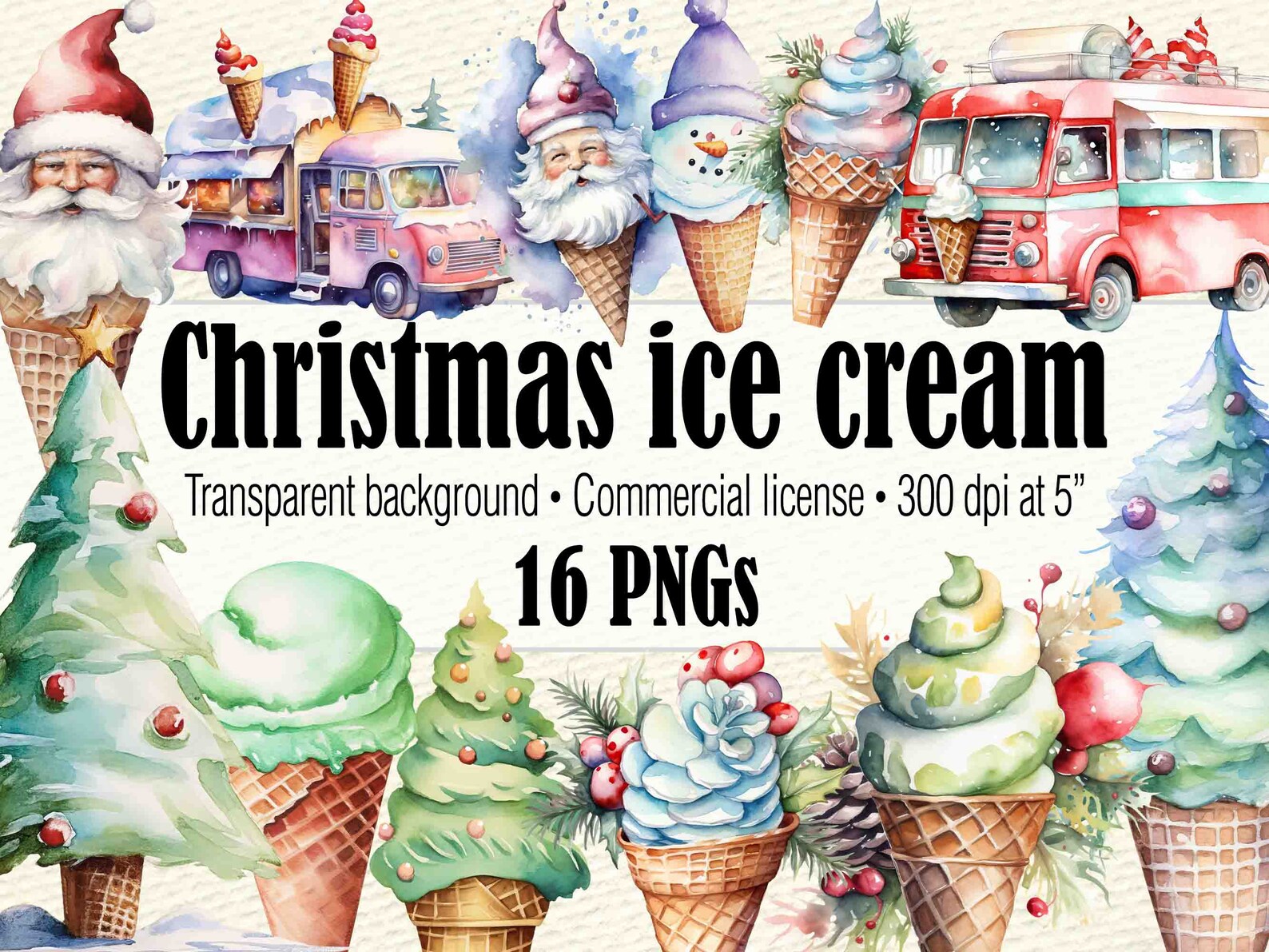 Christmas Ice Cream Cone Clipart, Watercolor Snowman Clipart, Ice Cream ...