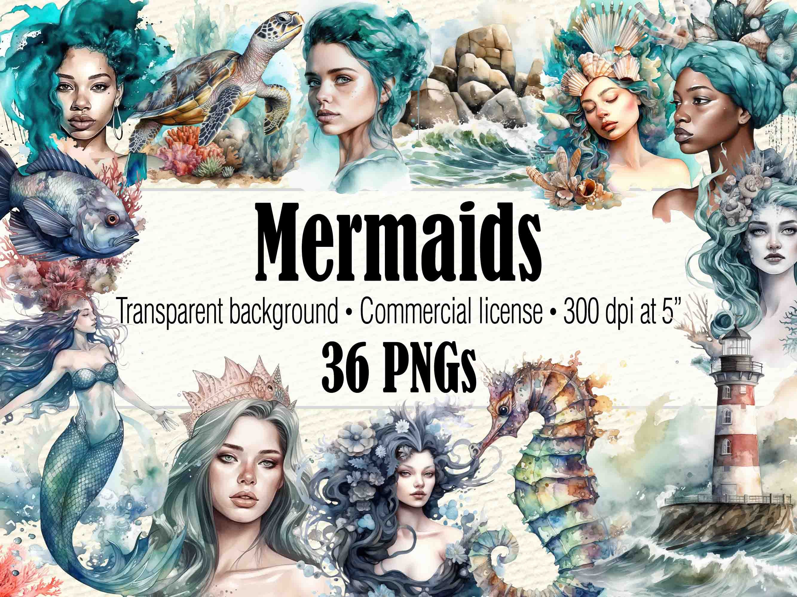 Watercolor Mermaid Clipart, Mermaid PNG, Sea Life Clipart, Underwater ...