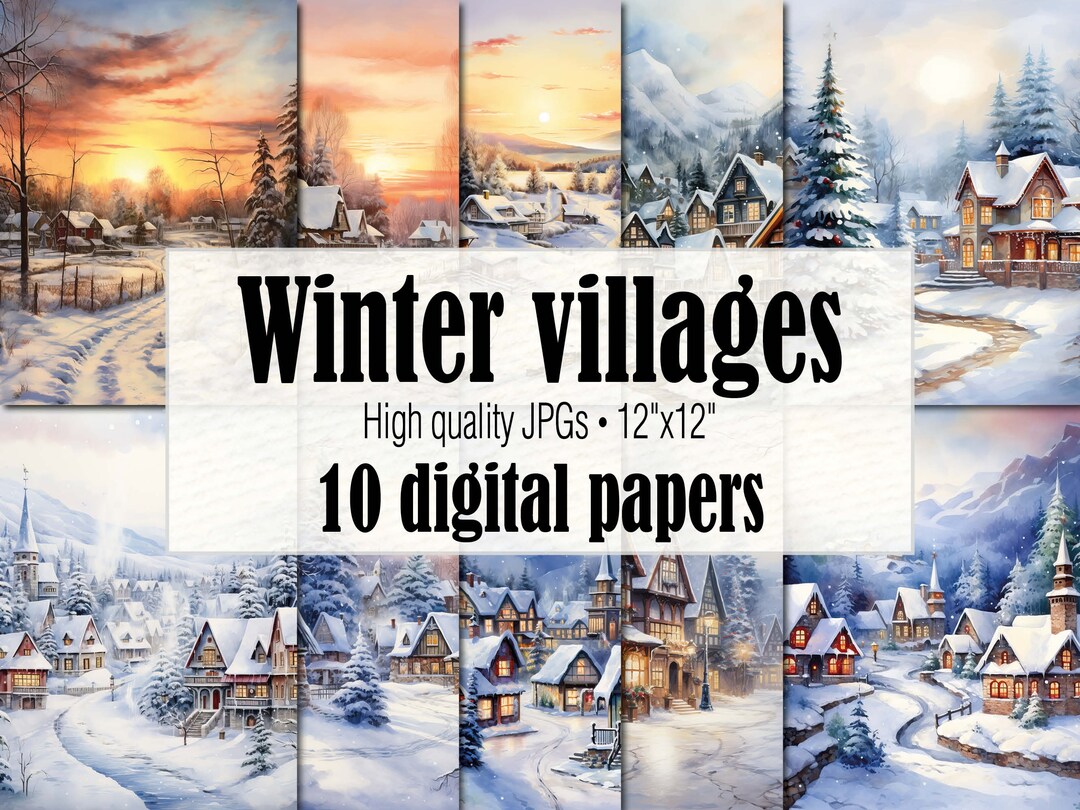 Watercolor Winter Village Digital Paper, Christmas Village Winter ...