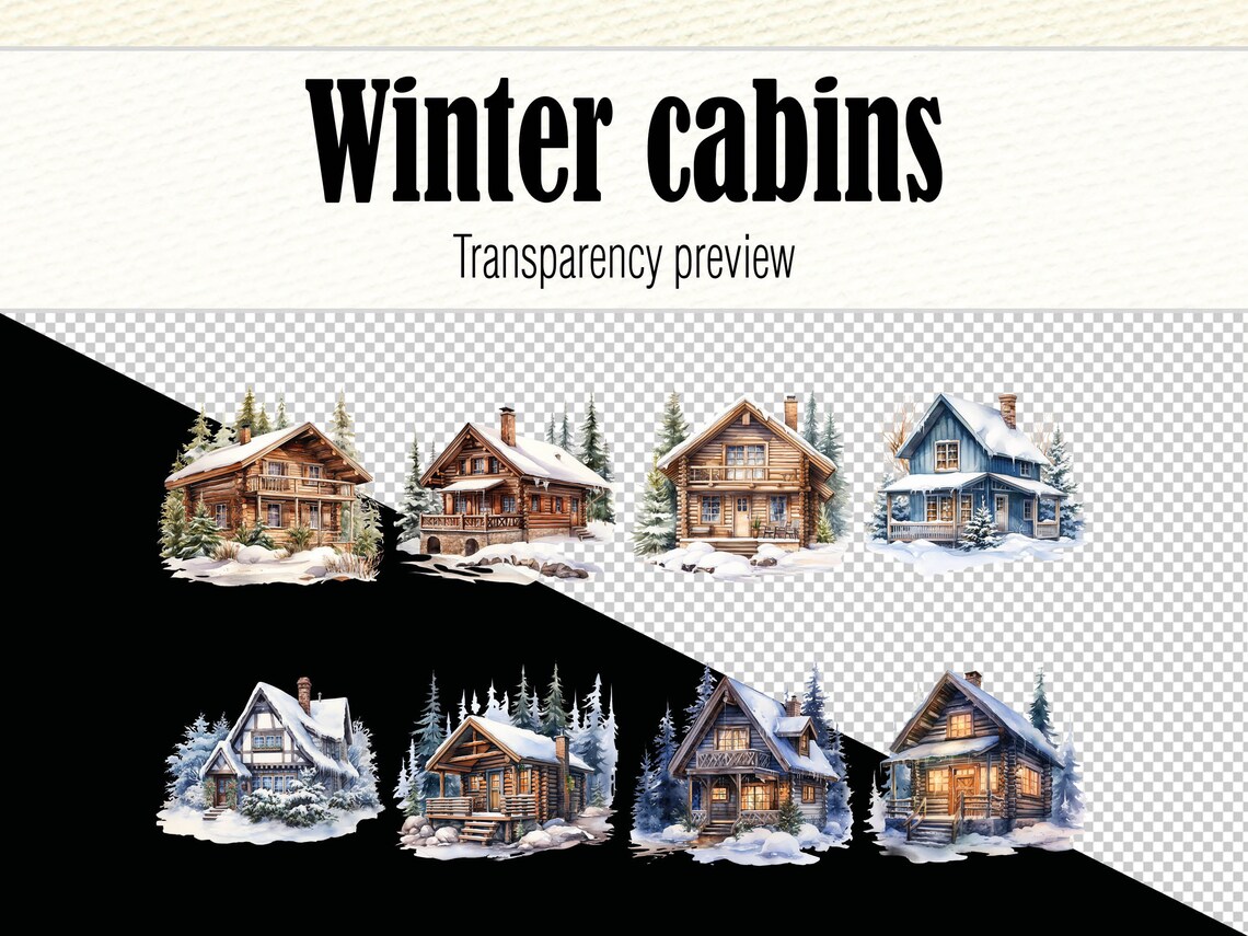 Winter Cabin Clipart, Snow Scene Clipart, Watercolor Winter Village ...
