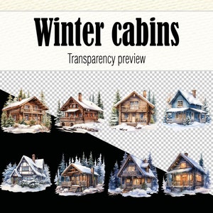 Winter Cabin Clipart, Snow Scene Clipart, Watercolor Winter Village ...