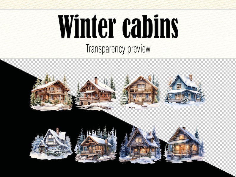 Winter Cabin Clipart, Snow Scene Clipart, Watercolor Winter Village ...