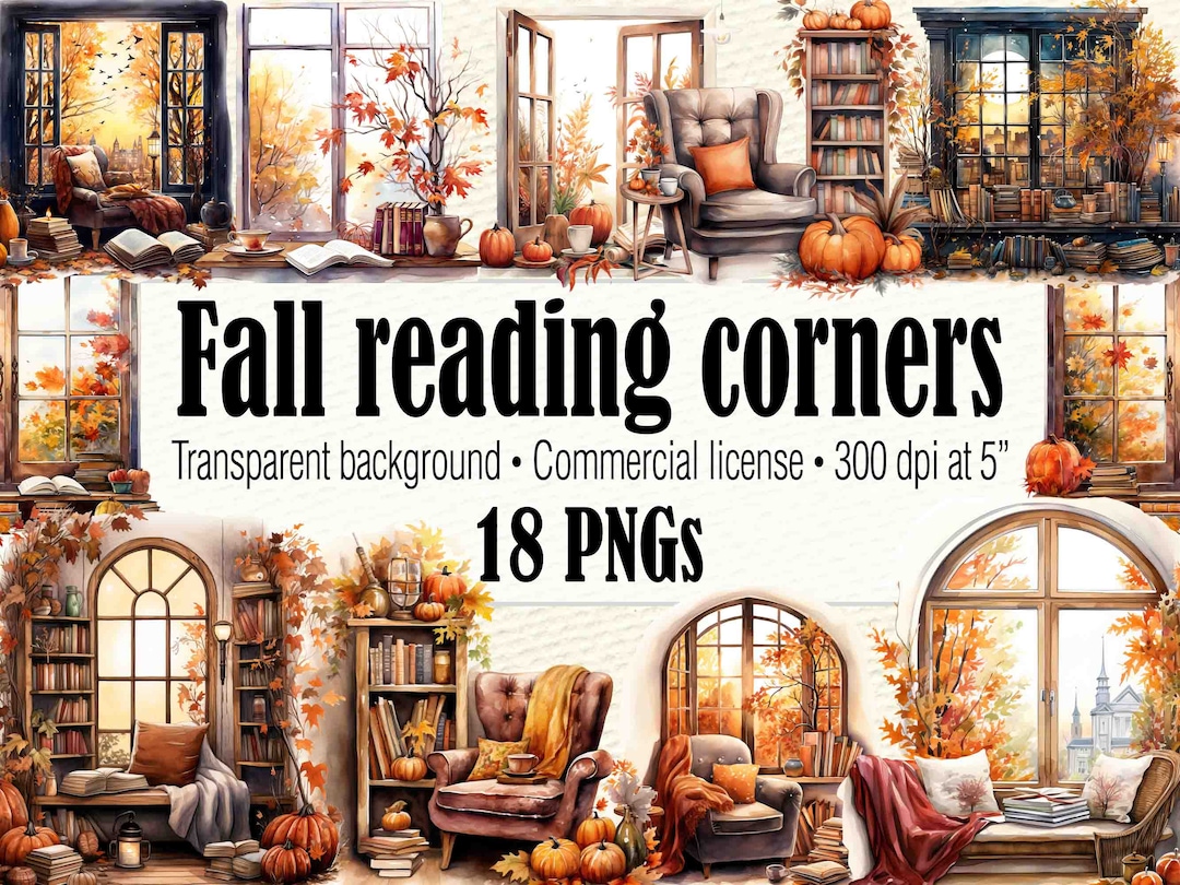 Book Nook Library Clipart, Cozy Autumn Reading Nook, Fall Books Clipart ...