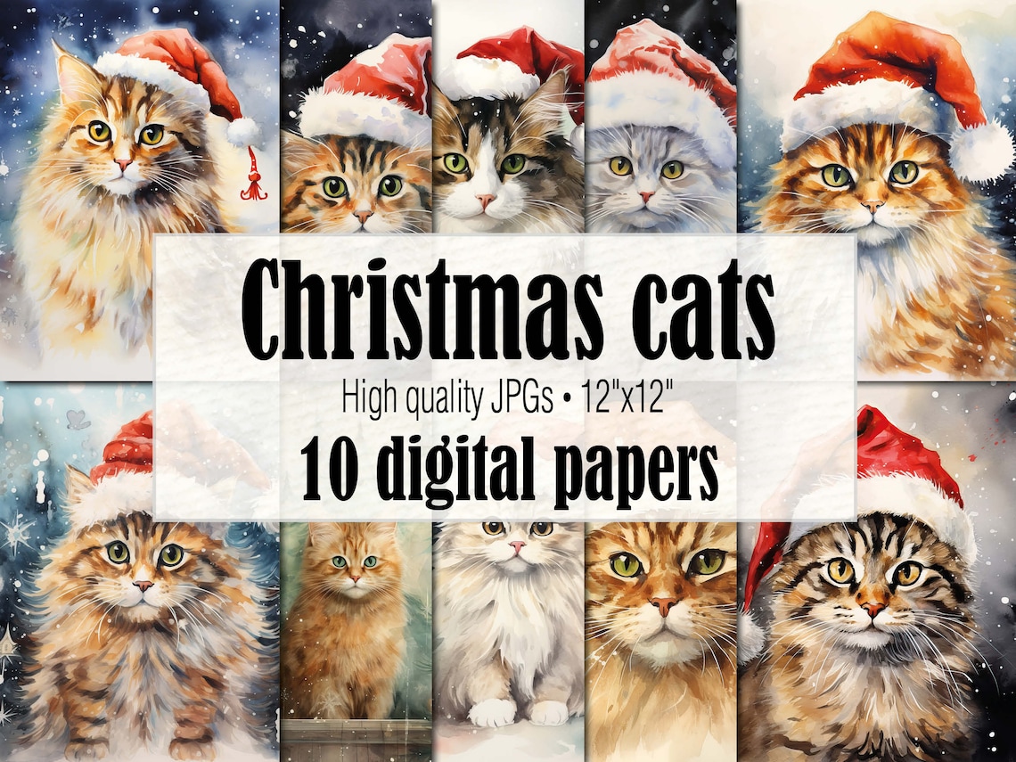 Cat Christmas Printable, Cat Wrapping Paper Winter Digital Paper ...