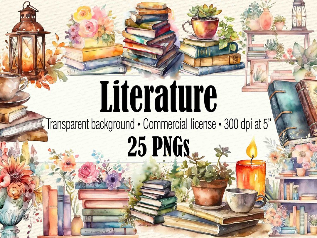 Watercolor Literature Clipart, Book Stack Clipart Bookshelf, Bookish ...