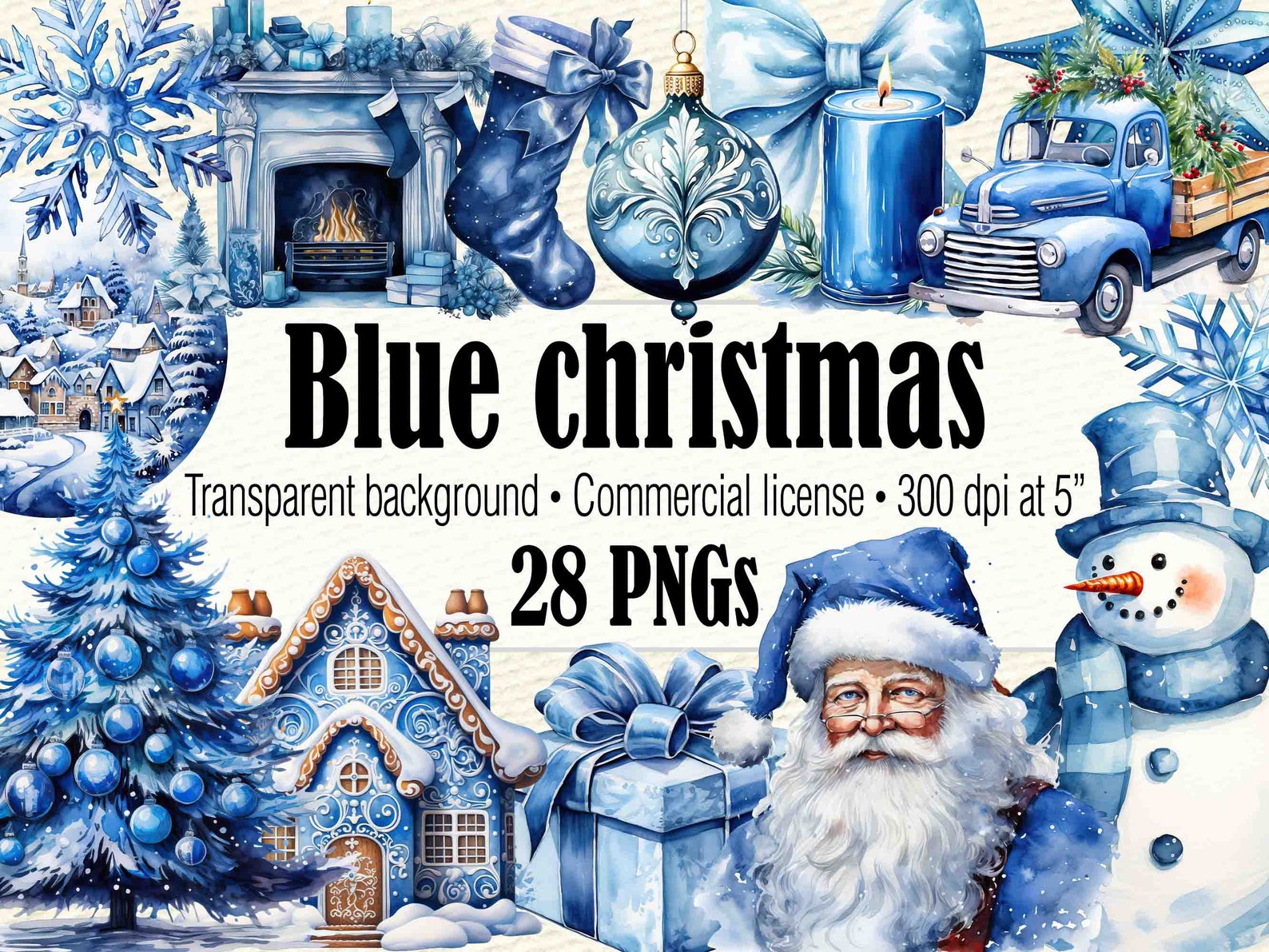 Blue Christmas Clipart, Watercolor Blue Christmas PNG Bundle, Blue ...