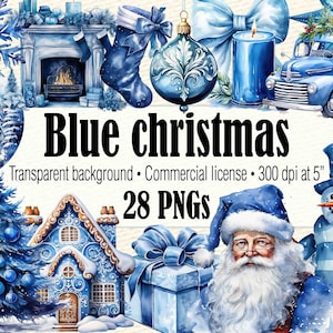 Blue Christmas Clipart, Watercolor Blue Christmas PNG Bundle, Blue ...