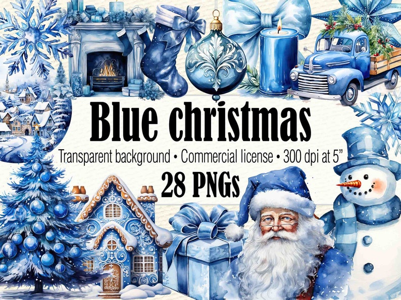 Blue Christmas Clipart Watercolor Blue Christmas PNG Bundle - Etsy