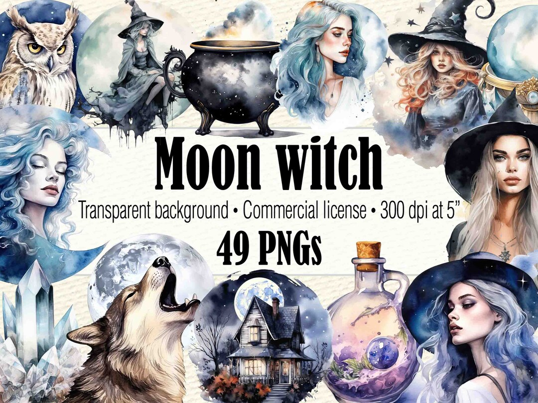 Moon Witch Clipart, Watercolor Witch Junk Journal Witchy PNG, Witchy ...