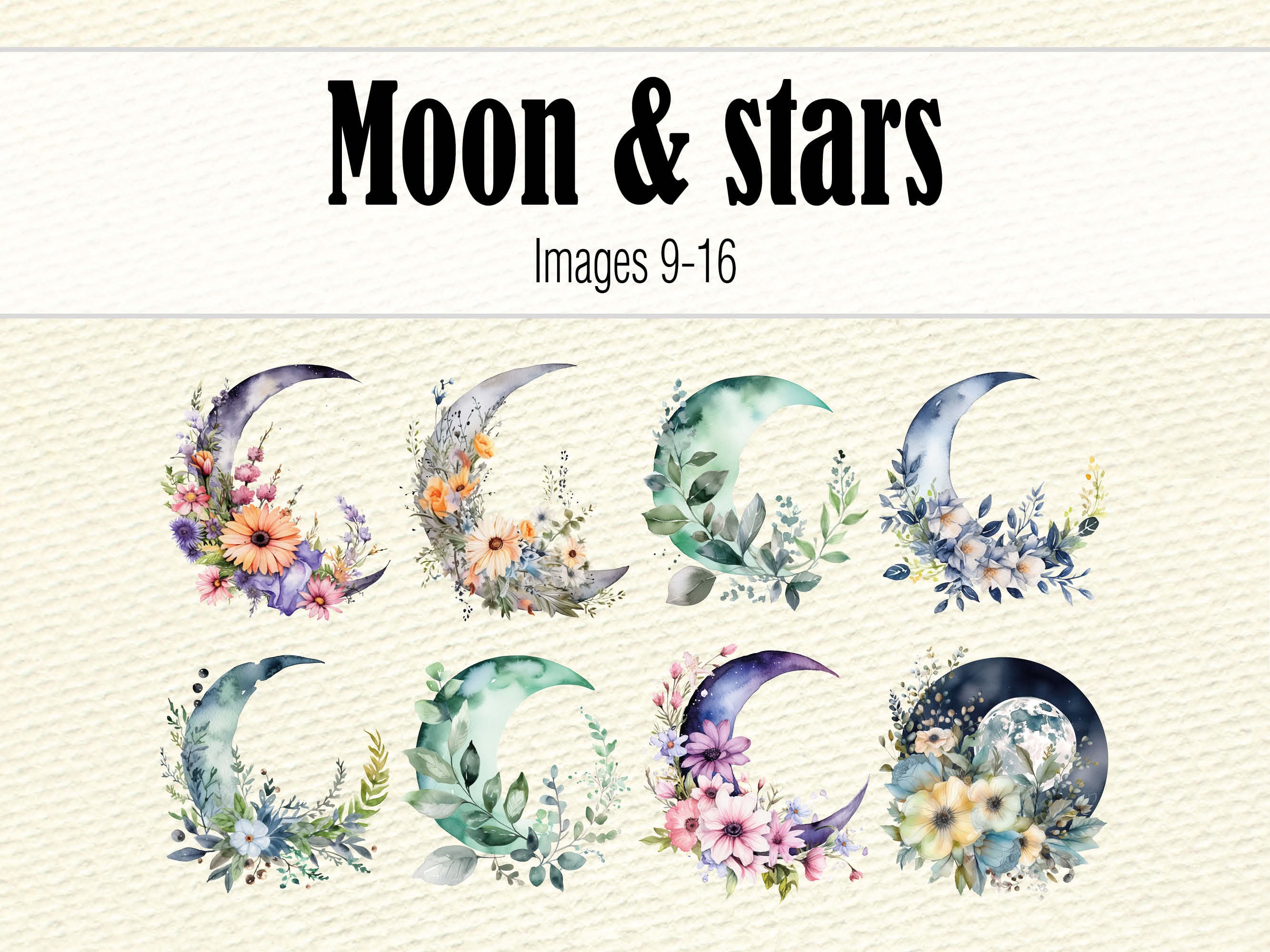Watercolor Moon Star Clipart Floral Moon PNG Stars PNG Moon - Etsy