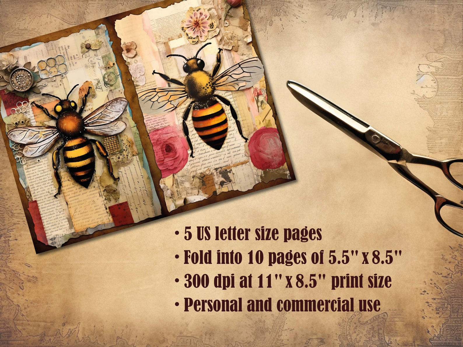 Vintage Bee Junk Journal Pages, Honey Bee Paper, Shabby Chic Journal ...