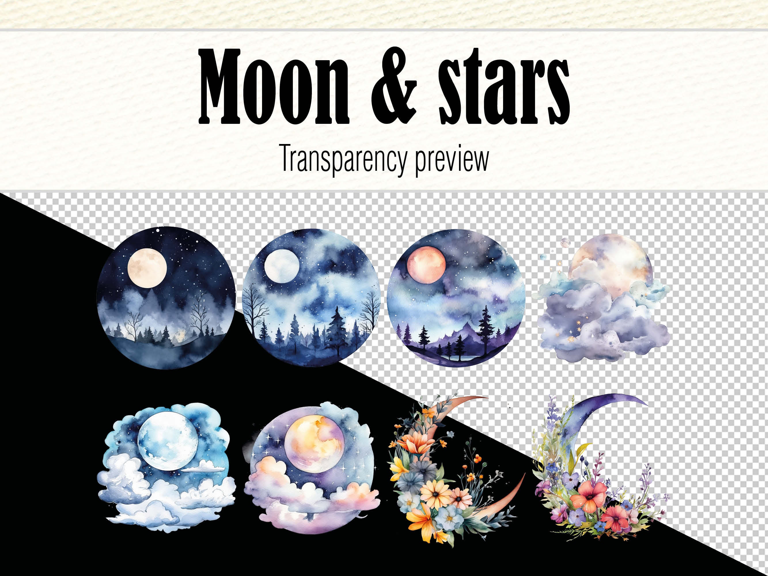 Watercolor Moon Star Clipart Floral Moon PNG Stars PNG Moon - Etsy
