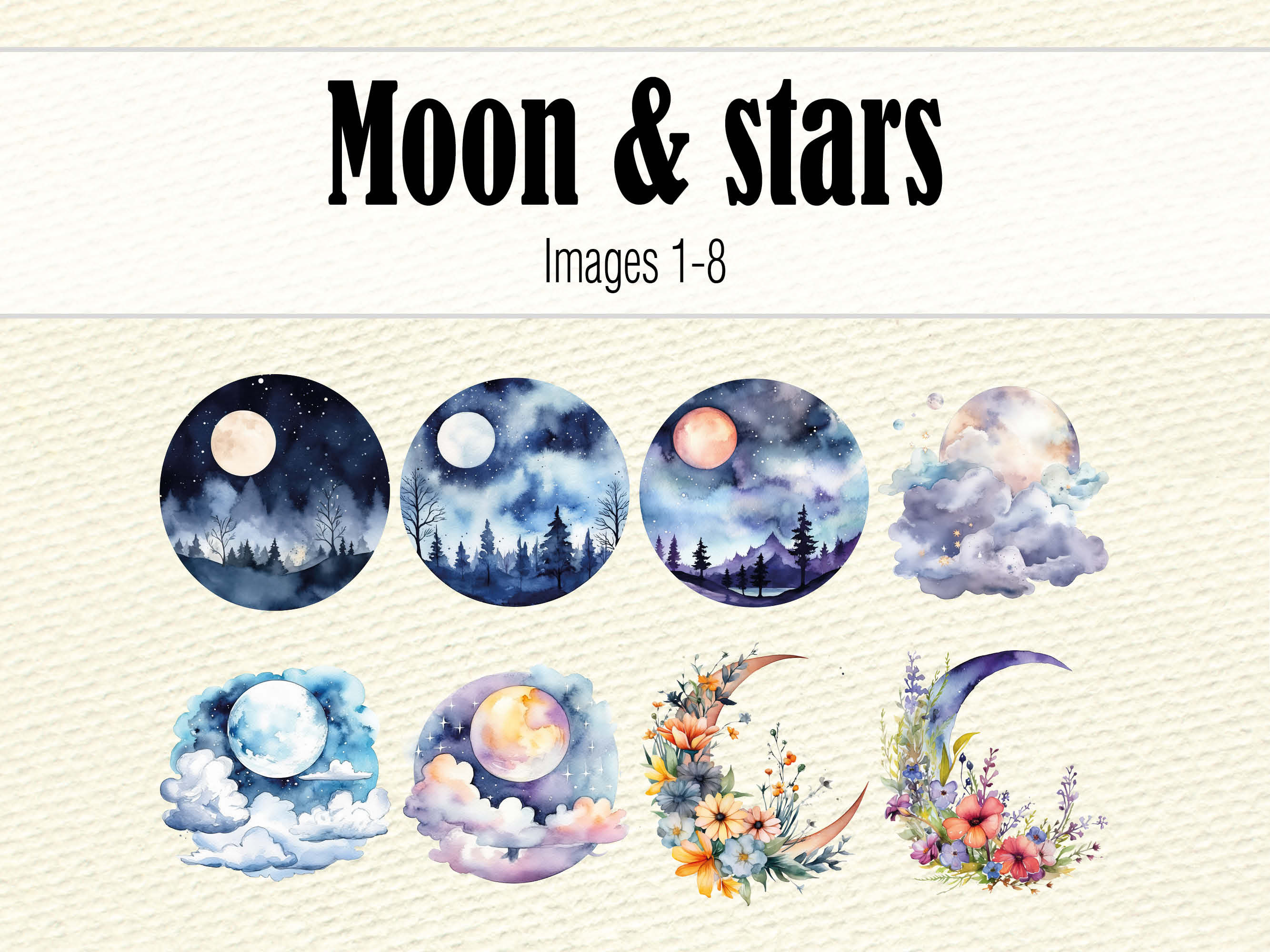Watercolor Moon Star Clipart Floral Moon PNG Stars PNG Moon - Etsy