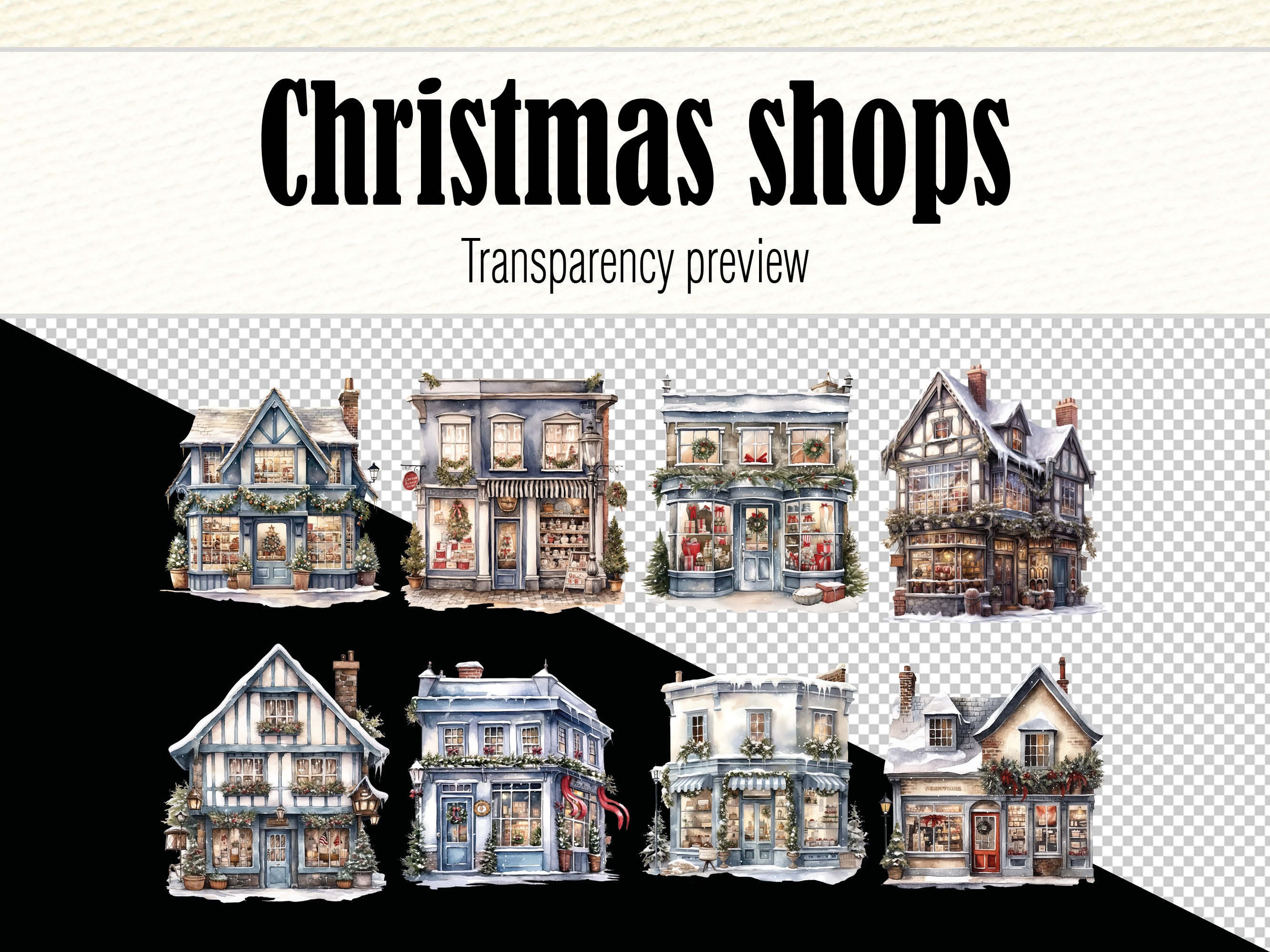 Storefront Watercolor Winter Village Clipart, Christmas Village ...