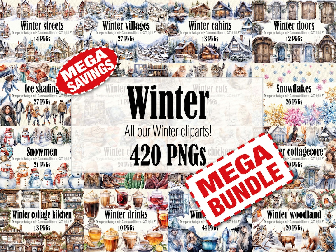 Winter Clipart Mega Bundle, Christmas Clipart Bundle, Winter PNG Bundle ...