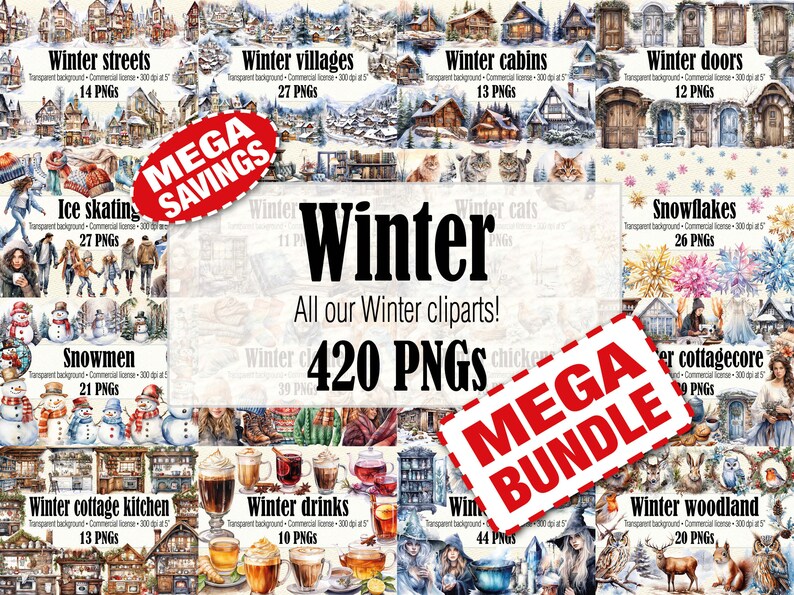 Winter Clipart Mega Bundle, Christmas Clipart Bundle, Winter PNG Bundle ...
