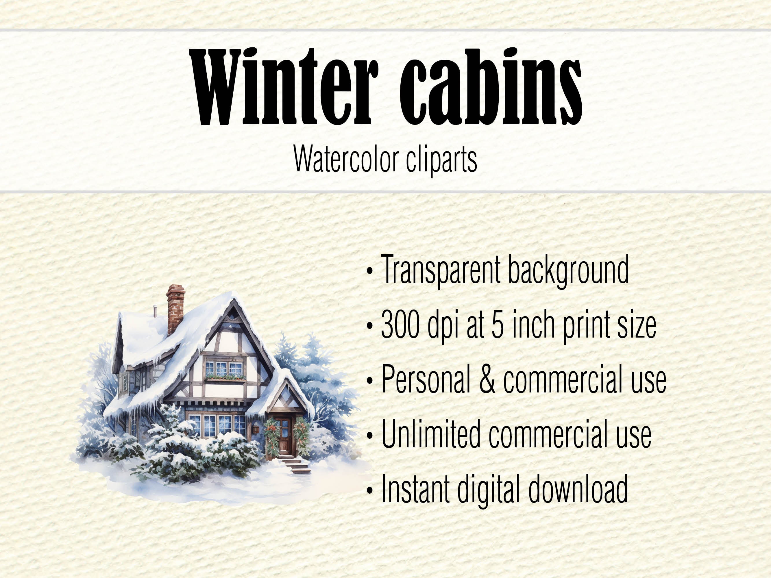 Winter Cabin Clipart, Snow Scene Clipart, Watercolor Winter Village ...