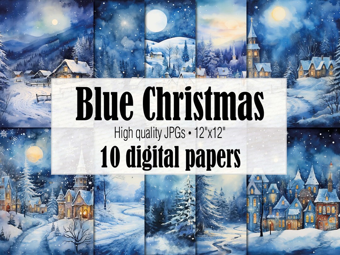 Blue Christmas Paper, Watercolor Christmas Village, Junk Journal ...