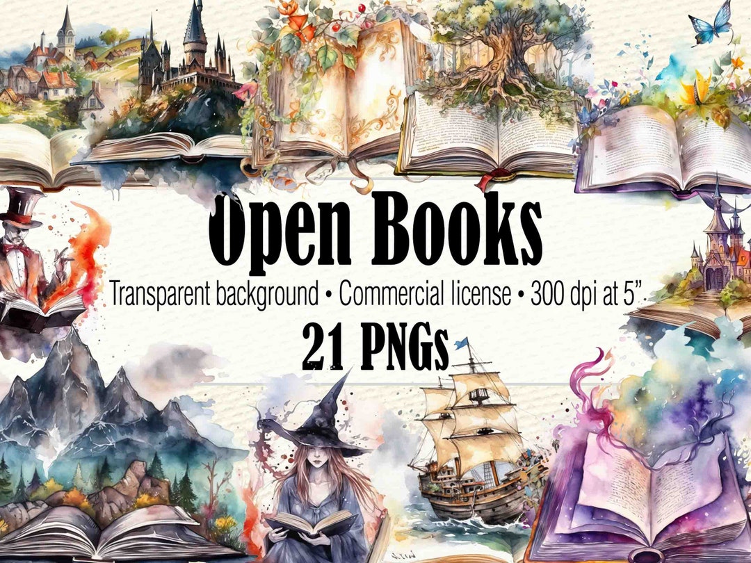 Open Book Clipart, Fantasy Books Clipart, Reading Clipart, Watercolor ...
