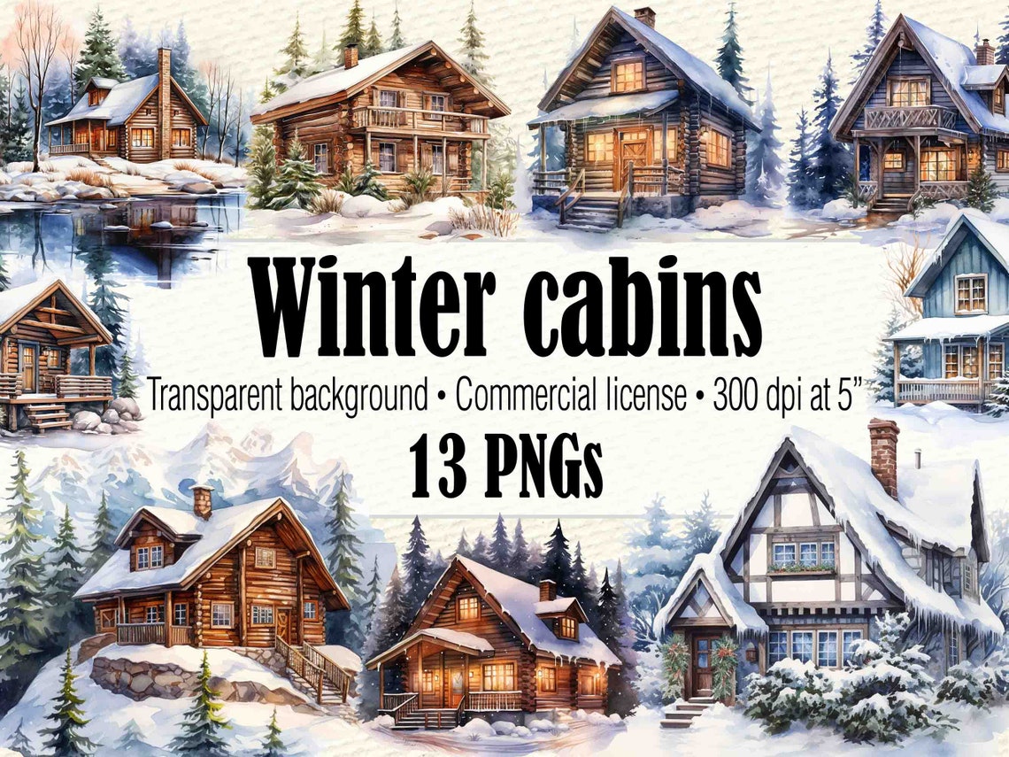 Winter Cabin Clipart, Snow Scene Clipart, Watercolor Winter Village ...