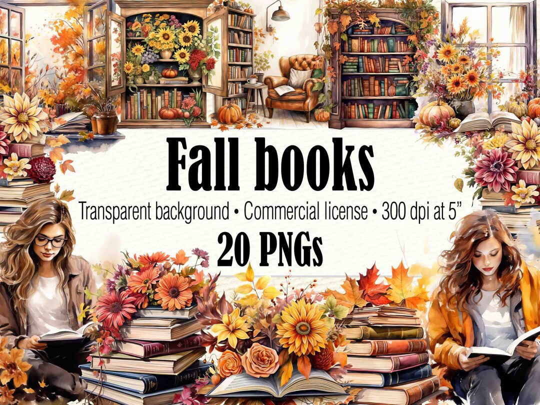 Fall Books Clipart, Watercolor Book Worm PNG, Cozy Autumn Reading Nook ...