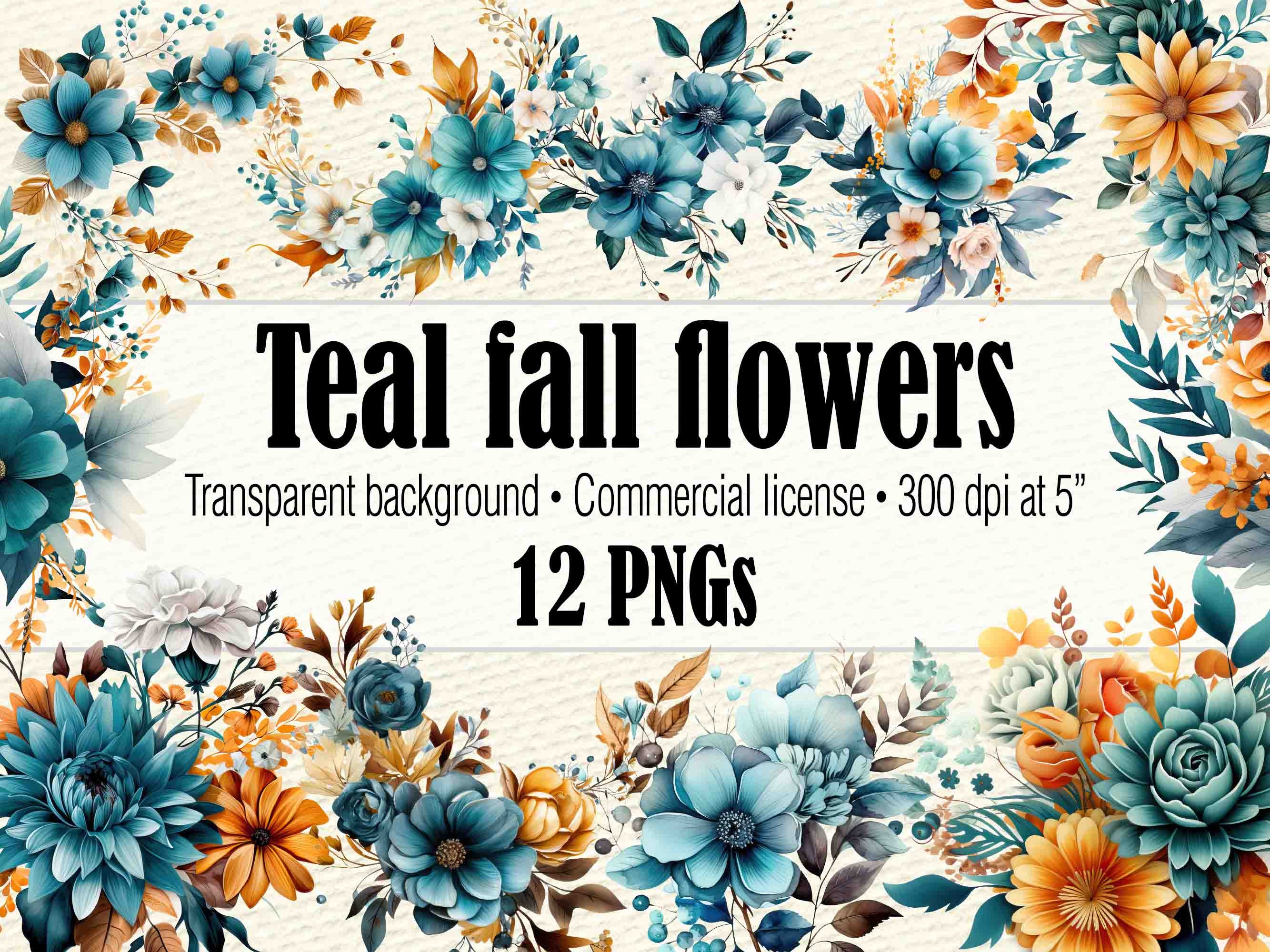 Teal Floral Clipart, Teal Fall Clipart, Blue Flowers PNG, Dark Blue ...