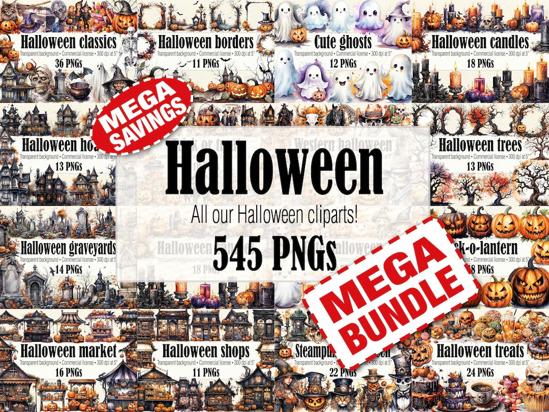 Halloween Clipart Mega Bundle, Watercolor Halloween PNG Bundle, Horror ...