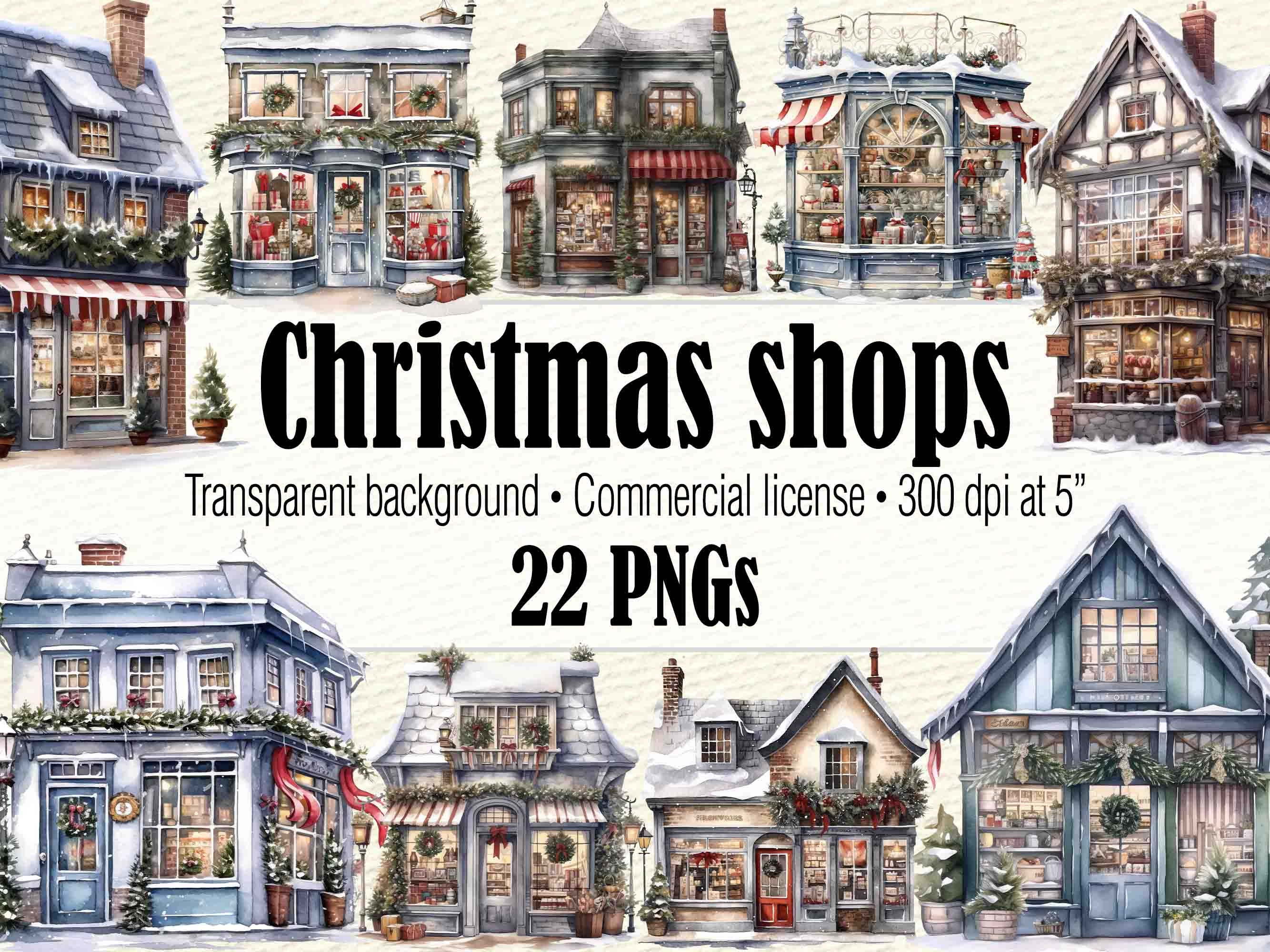 Storefront Watercolor Winter Village Clipart, Christmas Village ...