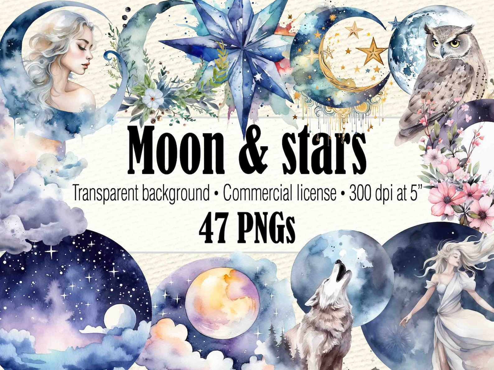 Watercolor Moon Star Clipart Floral Moon PNG Stars PNG Moon - Etsy