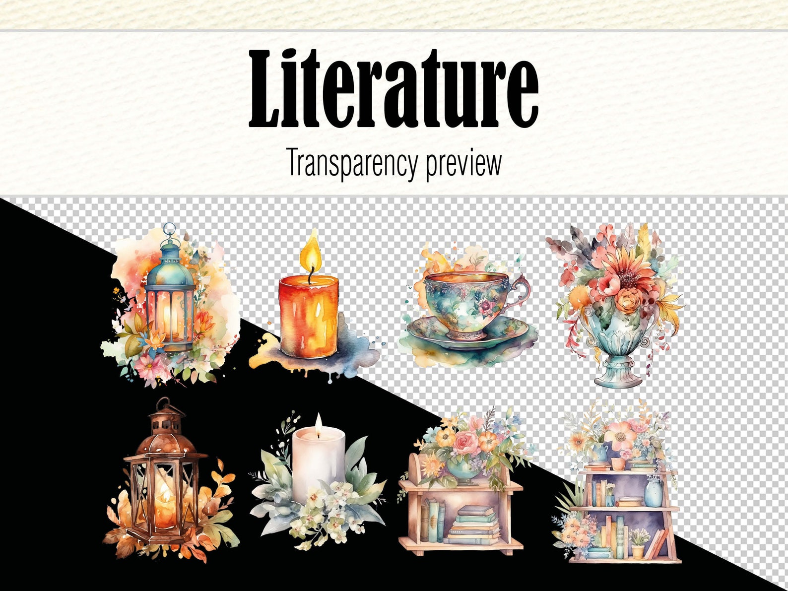 Watercolor Literature Clipart, Book Stack Clipart Bookshelf, Bookish ...